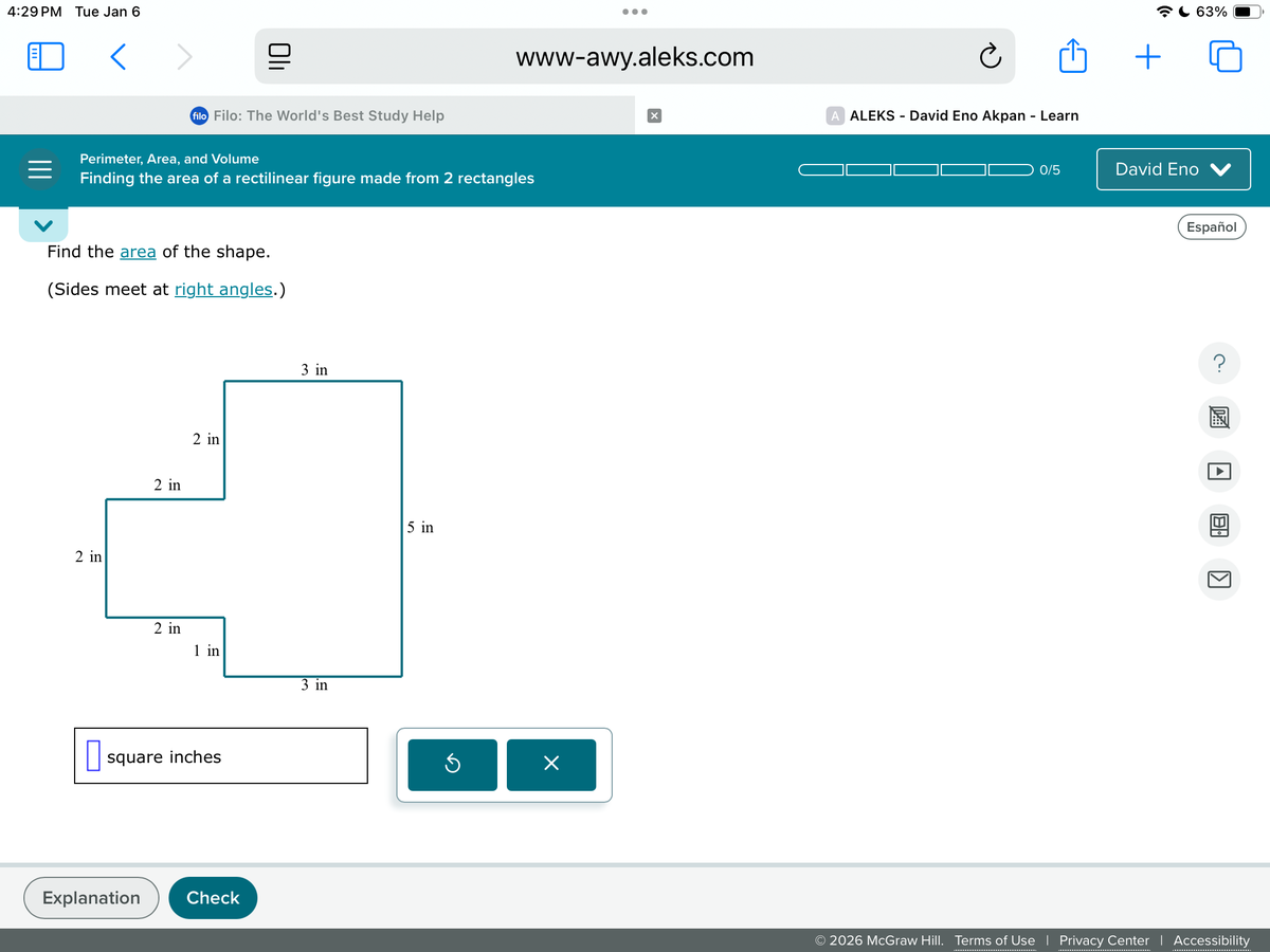 Find the area of the shape. (Sides meet at right angles.) [Diagram of a