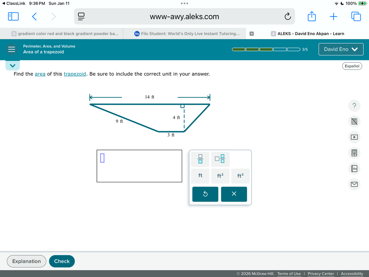 Find the area of this trapezoid. Be sure to include the correct unit in y..