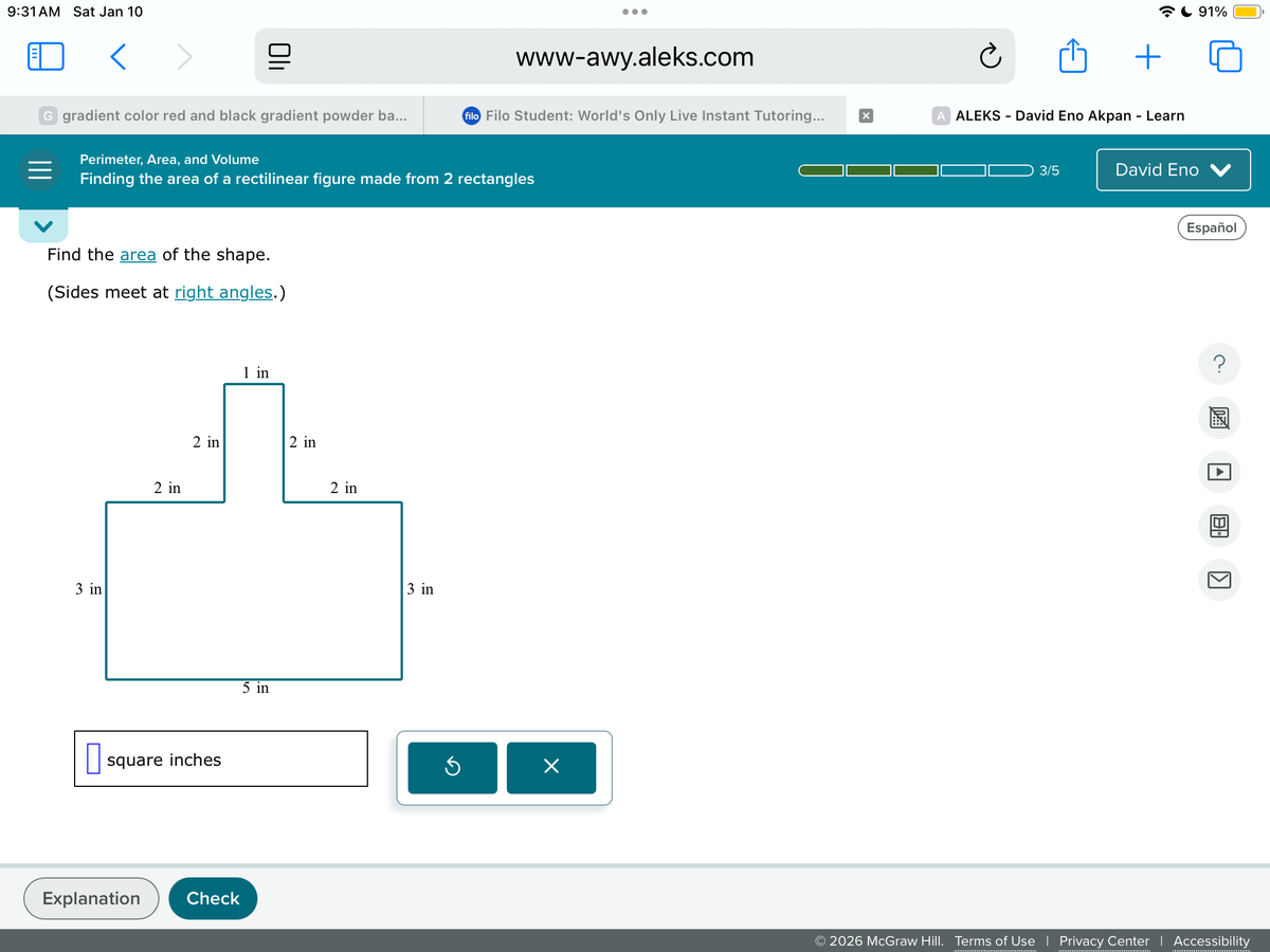 Find the area of the shape. (Sides meet at right angles.) [Diagram of a