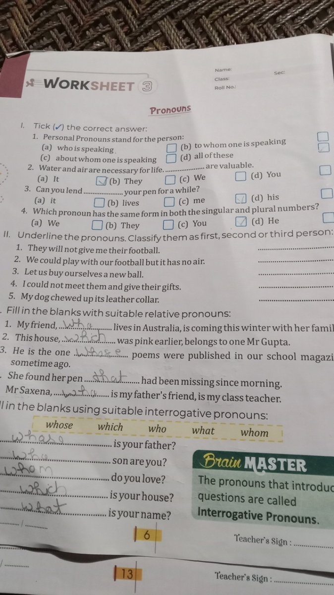 Here's a worksheet on pronouns: I. Tick ( ) the correct answer: Personal..