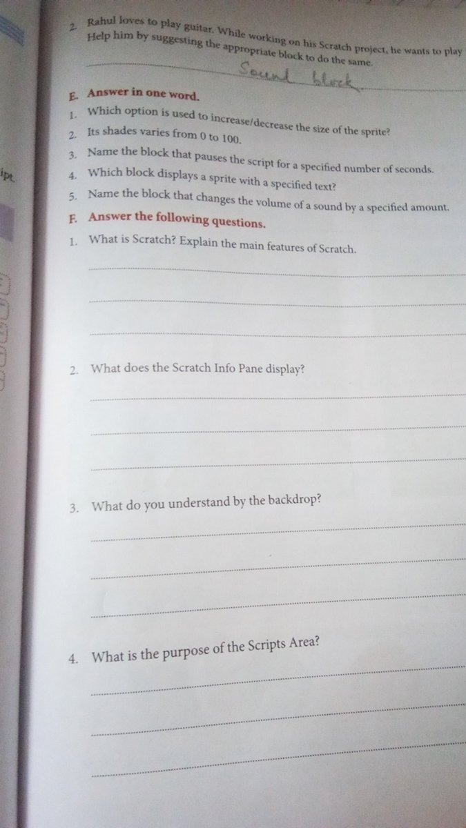 Here are some questions about Scratch: E. Answer in one word. Which opti..