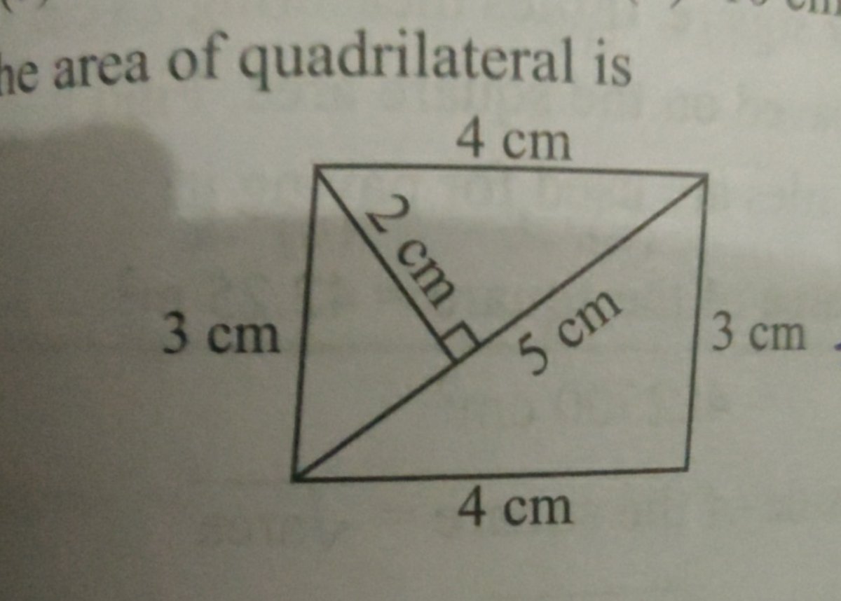 The area of the quadrilateral is: (A diagram of a quadrilateral is provi..