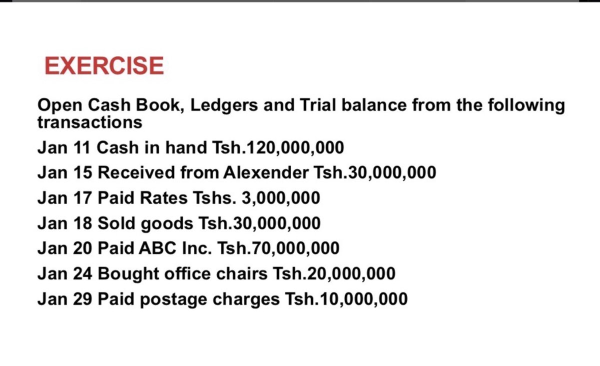 EXERCISE Open Cash Book, Ledgers and Trial balance from the following tra..