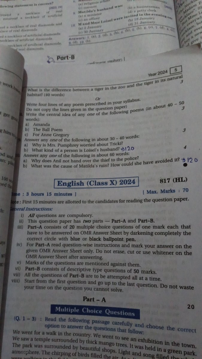 Here is a question paper for English (Class X) 2024, Max. Marks: 70, Time..