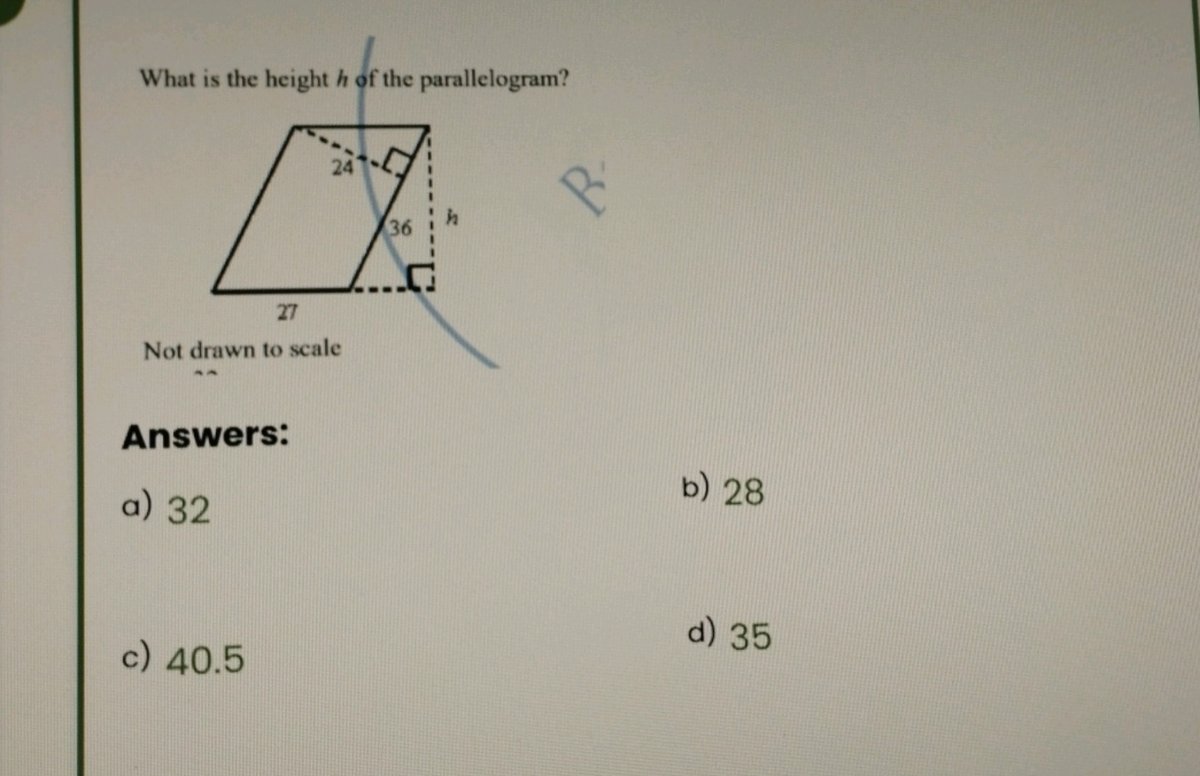 What is the height h of the parallelogram? (Diagram of a parallelogram w..