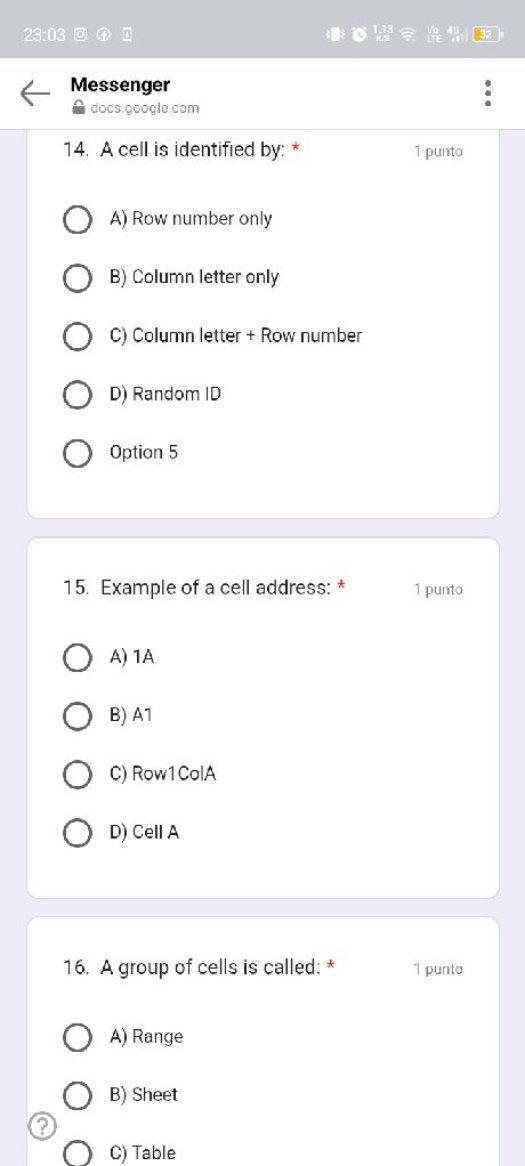 A cell is identified by: * A) Row number only B) Column letter only C) Co..