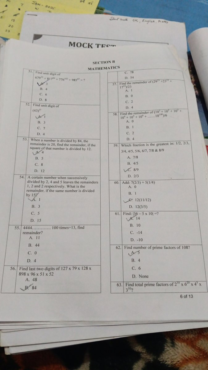 Find unit digit of 679^{32} + 817^{34} + 776^{532} + 985^{87} = ? A. 3 B...