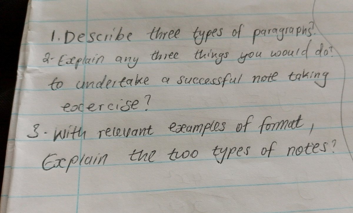 Describe three types of paragraphs. Explain any three things you would do..