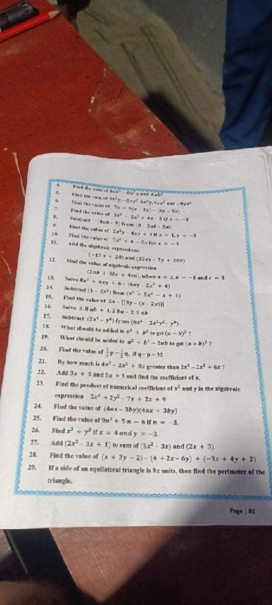 Here are multiple questions related to algebraic expressions: Find the s..