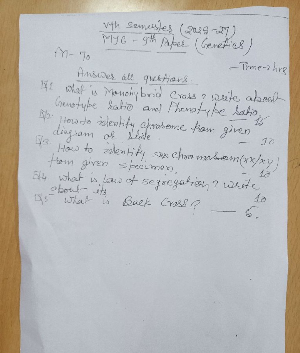 Vth Semester (2023-27) MYG - 9th Paper (Genetics) FM - 70 Time - 2 hrs A..