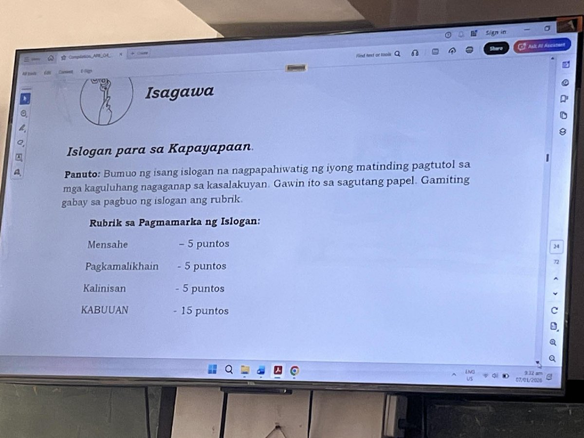 Isagawa Islogan para sa Kapayapaan. Panuto: Bumuo ng isang islogan na n..