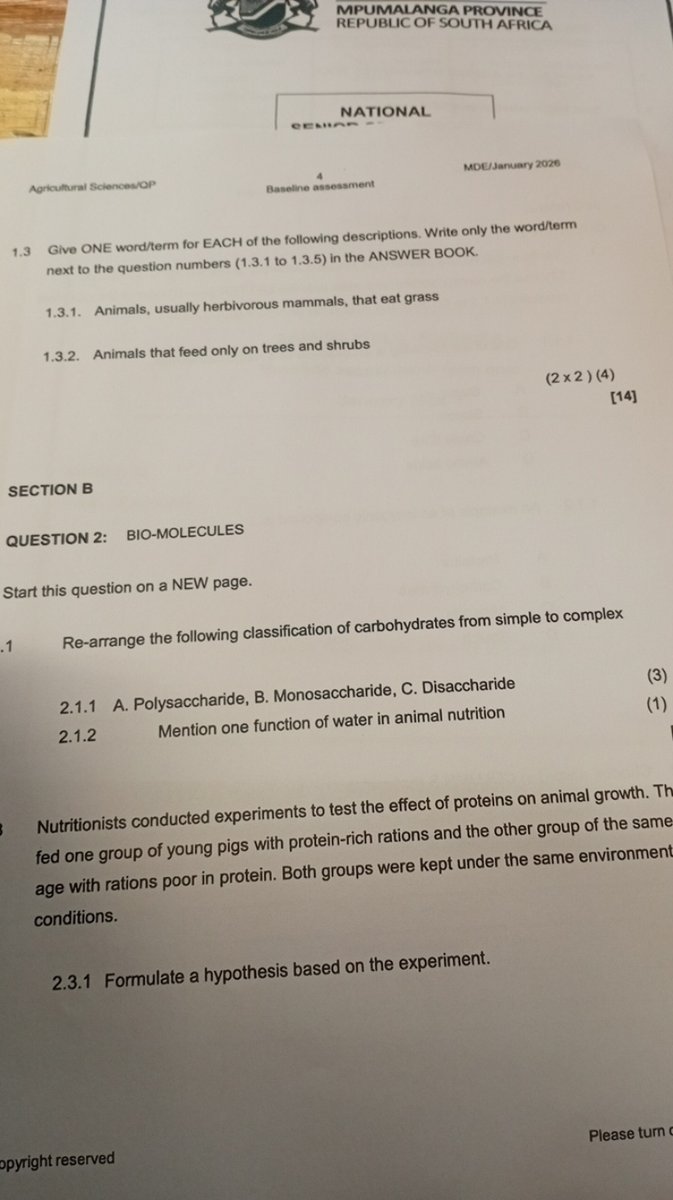SECTION B QUESTION 2: BIO-MOLECULES Start this question on a NEW page.