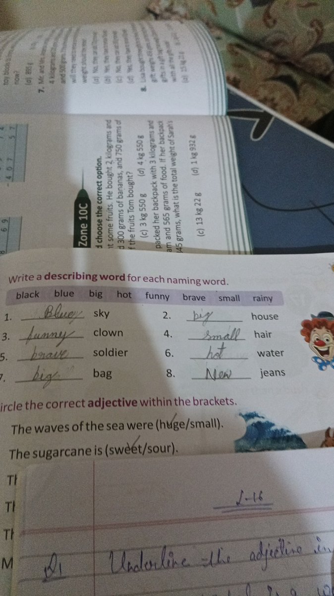 Write a describing word for each naming word. Blue sky big house funny c..