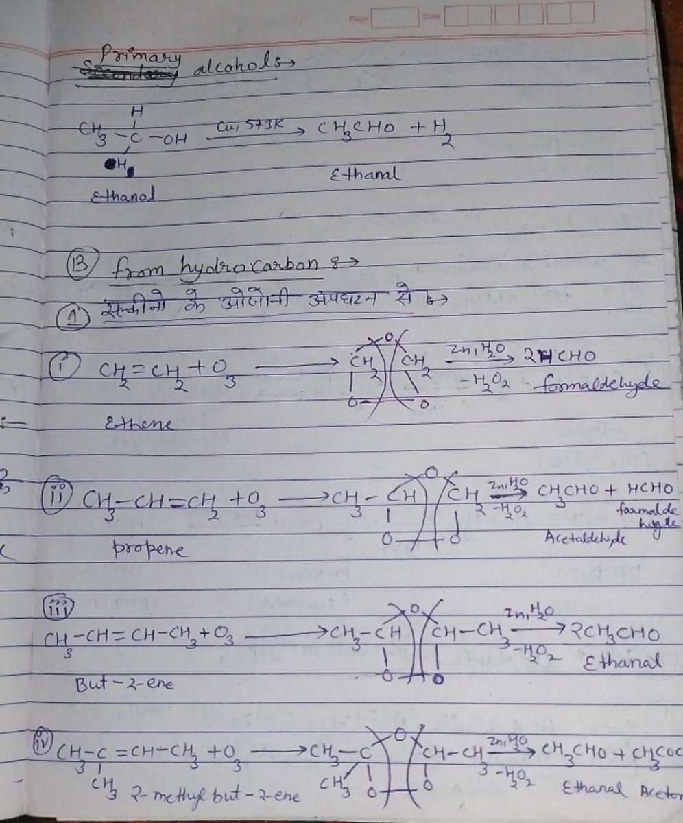 The image shows notes on organic chemistry reactions, specifically: A. P..