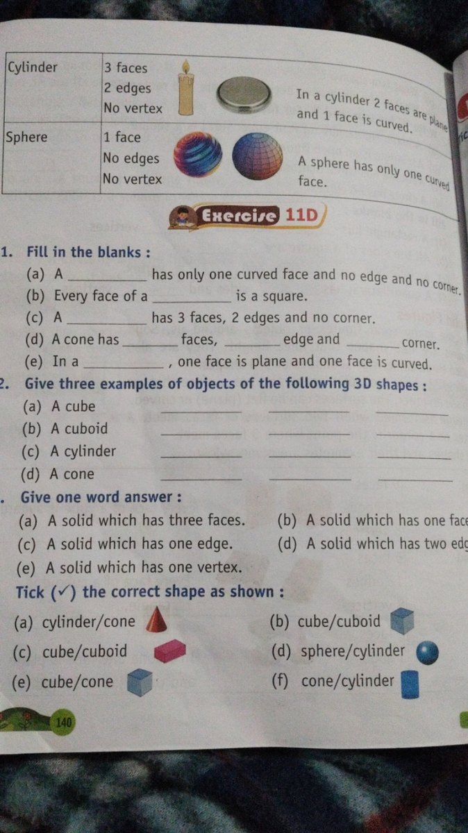 Here's the question image Cylinder 3 faces 2 edges No vertex Sphere 1 f..