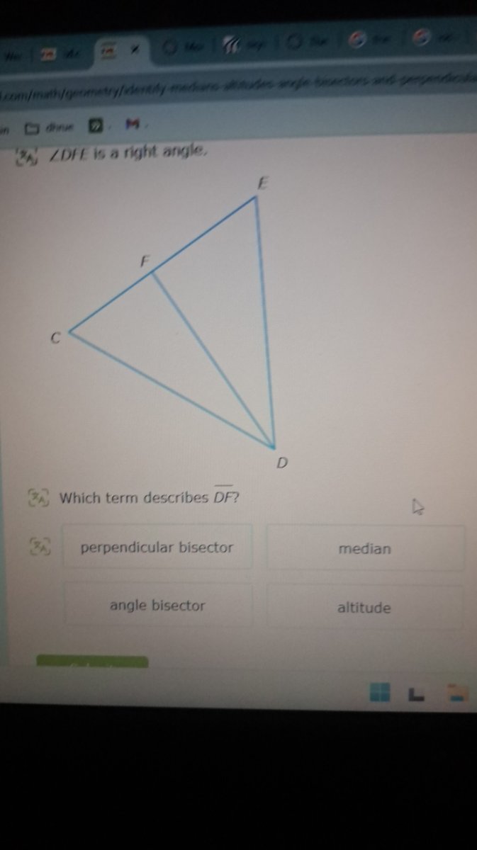 Given the triangle CDE, with a line segment DF drawn from vertex D to sid..