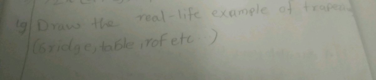Draw a real-life example of a trapezium (e.g., bridge, table, roof, etc.)..
