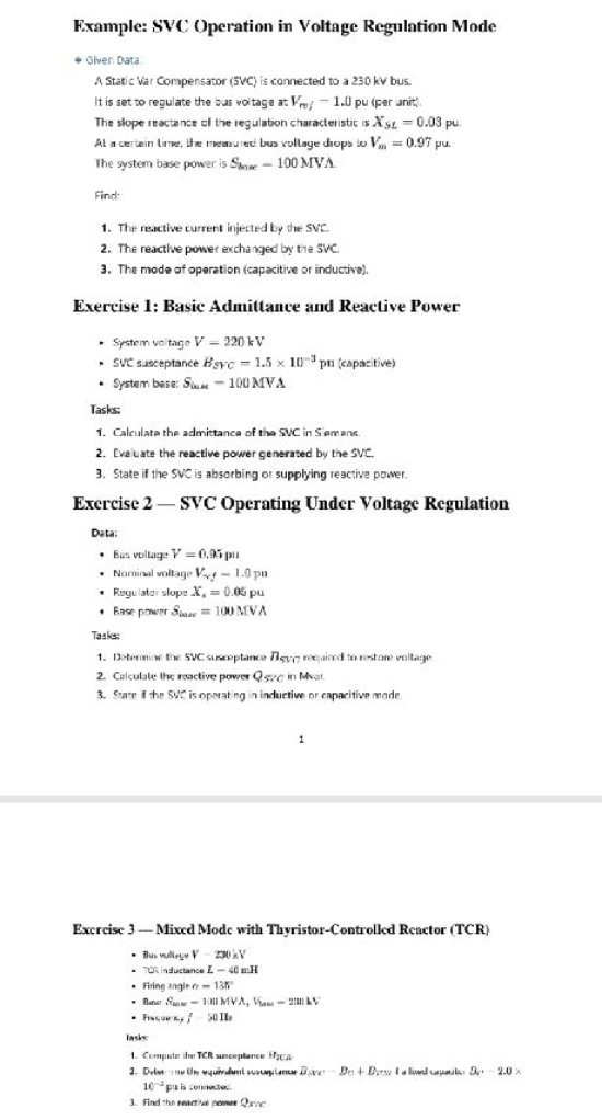 Example: SVC Operation in Voltage Regulation Mode Given Data: A Static V..