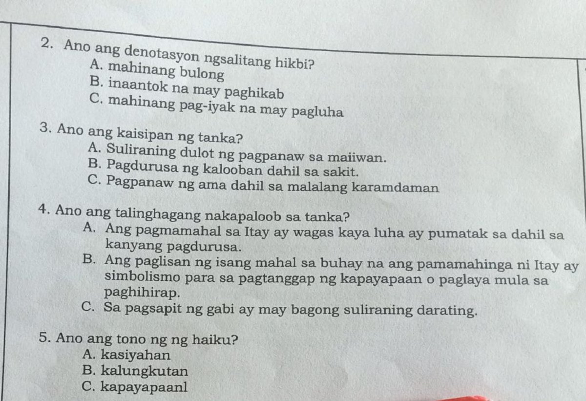 Ano ang denotasyon ng salitang hikbi? A. mahinang bulong B. inaantok na m..