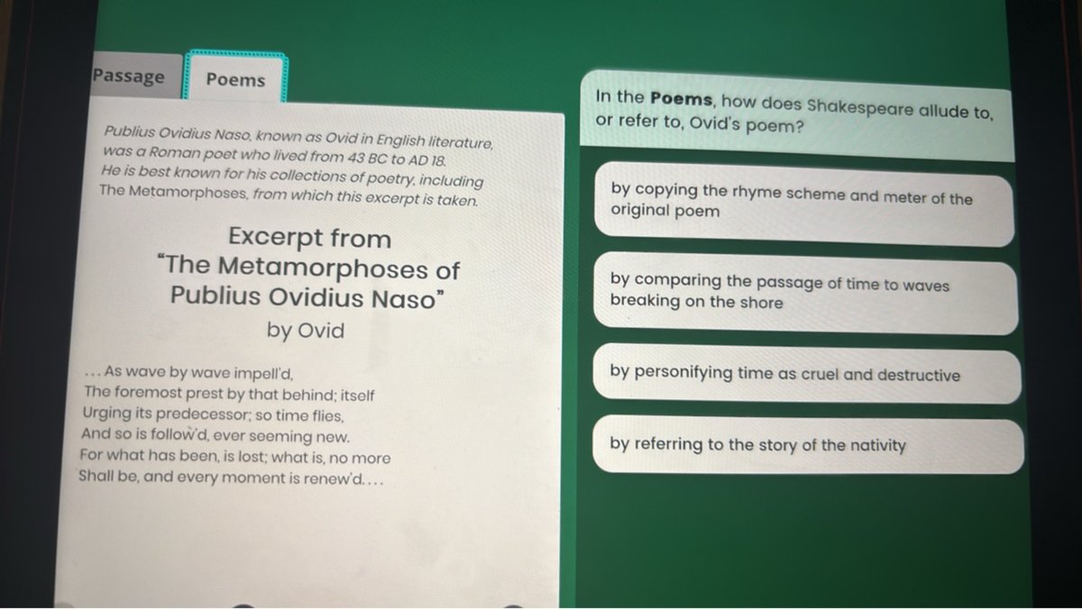 In the Poems, how does Shakespeare allude to, or refer to, Ovid's poem?
