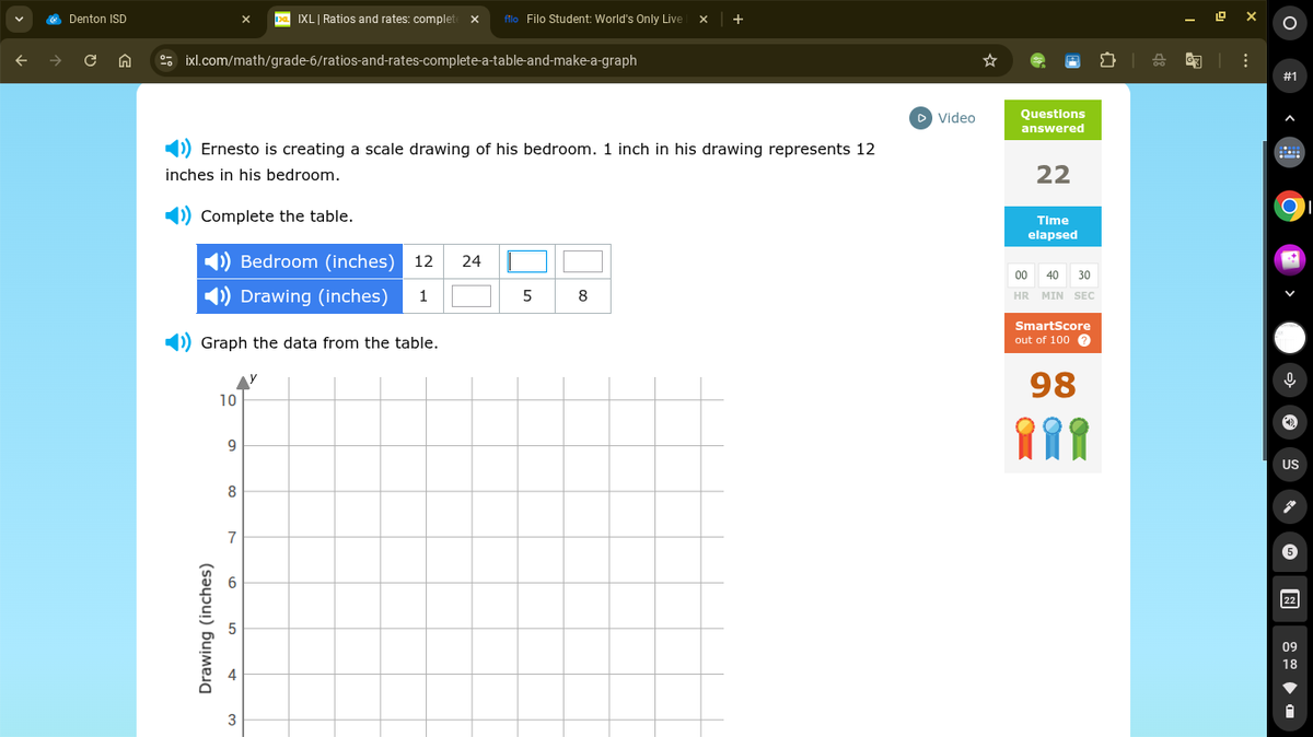 Ernesto is creating a scale drawing of his bedroom. 1 inch in his drawing..