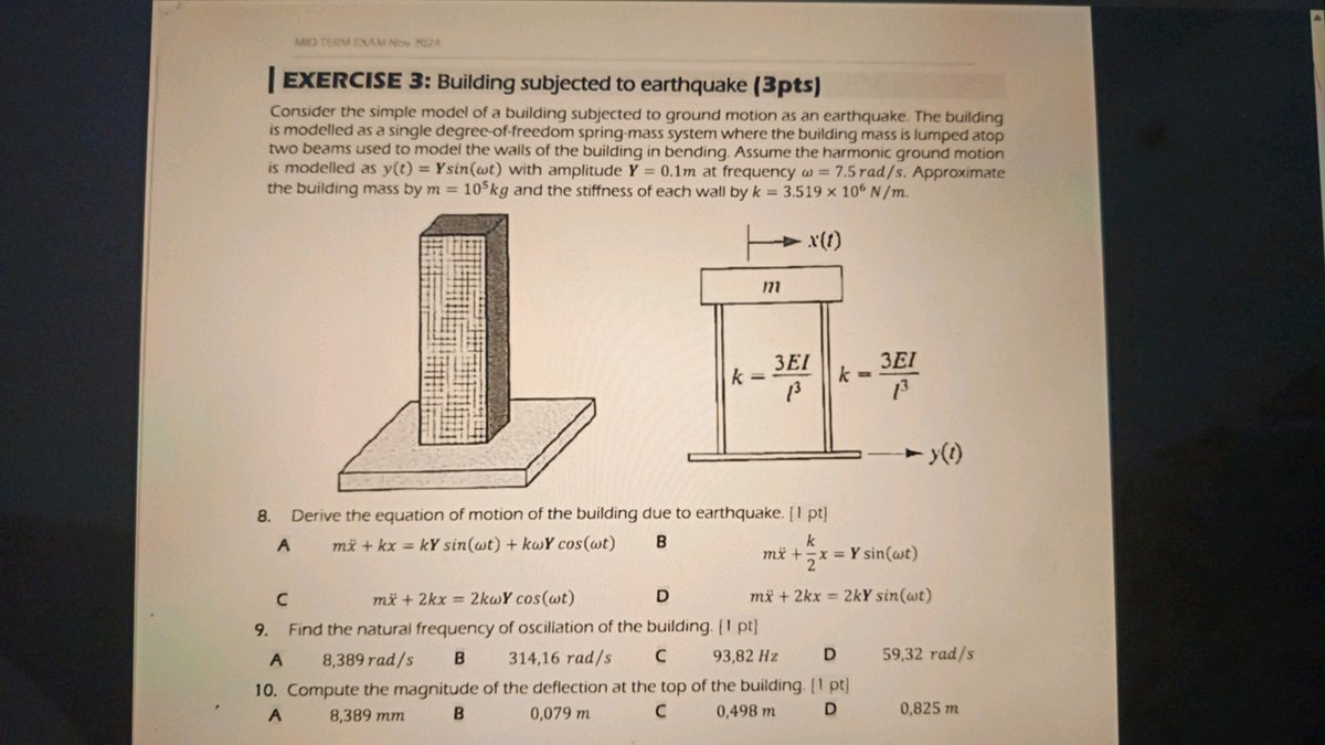 EXERCISE 3: Building subjected to earthquake (3pts) Consider the simple