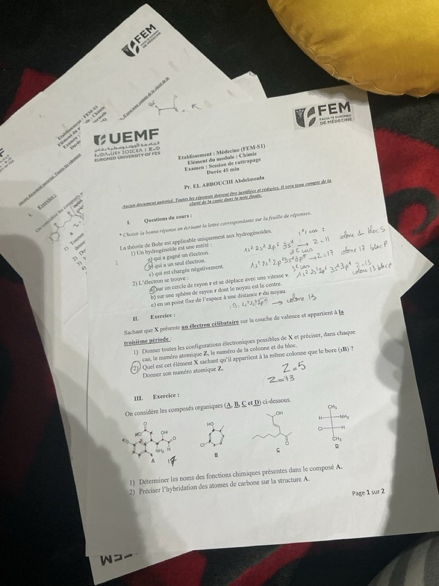 Etablissement: Médecine (FEM-S1) Elément du module: Chimie Examen: Sessio..
