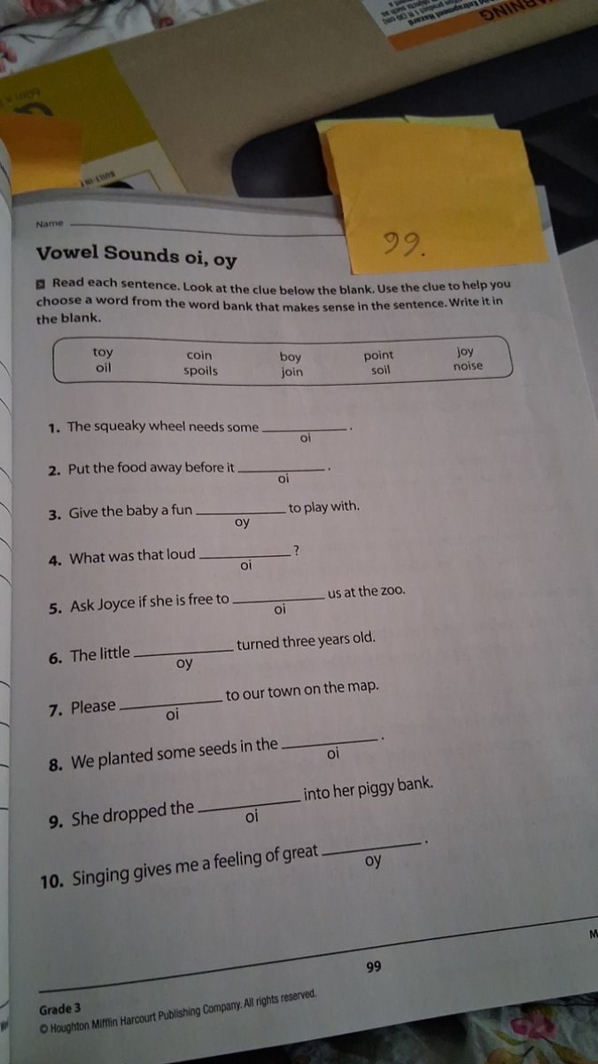 Vowel Sounds oi, oy Read each sentence. Look at the clue below the blank..