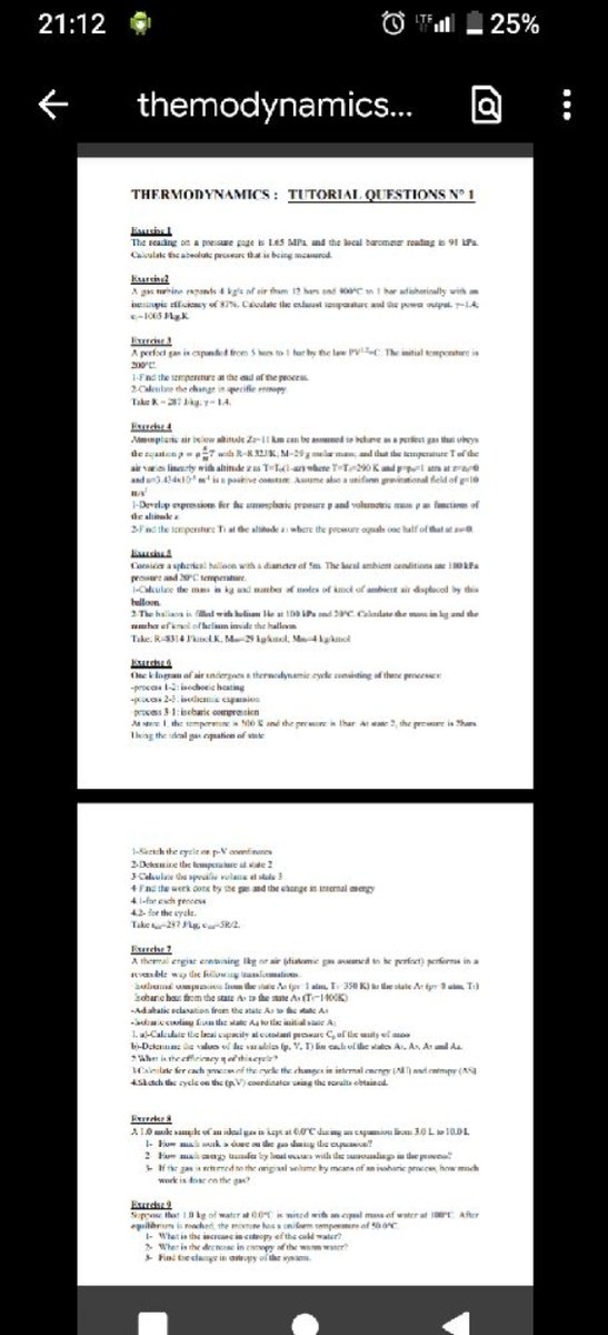 THERMODYNAMICS: TUTORIAL QUESTIONS N° 1 Exercise 1 The reading on a pres..