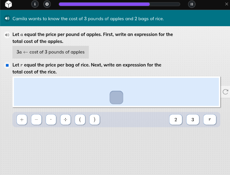 Camila wants to know the cost of 3 pounds of apples and 2 bags of rice.