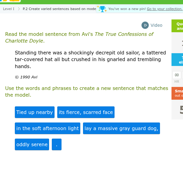 Read the model sentence from Avi's The True Confessions of Charlotte Doyl..