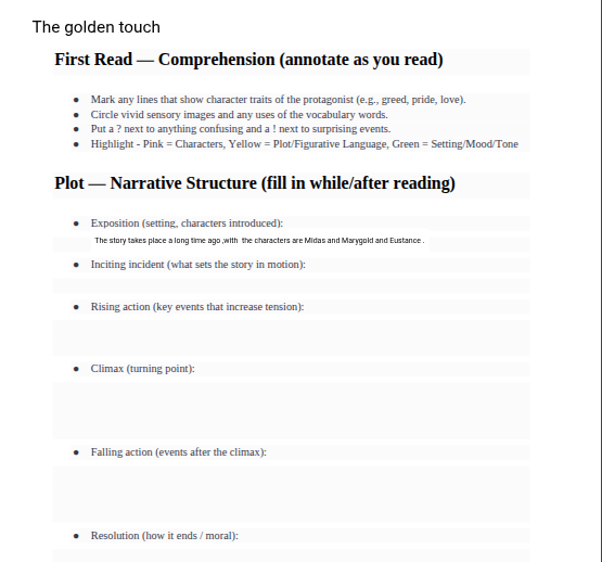 The golden touch First Read — Comprehension (annotate as you read) Mark..