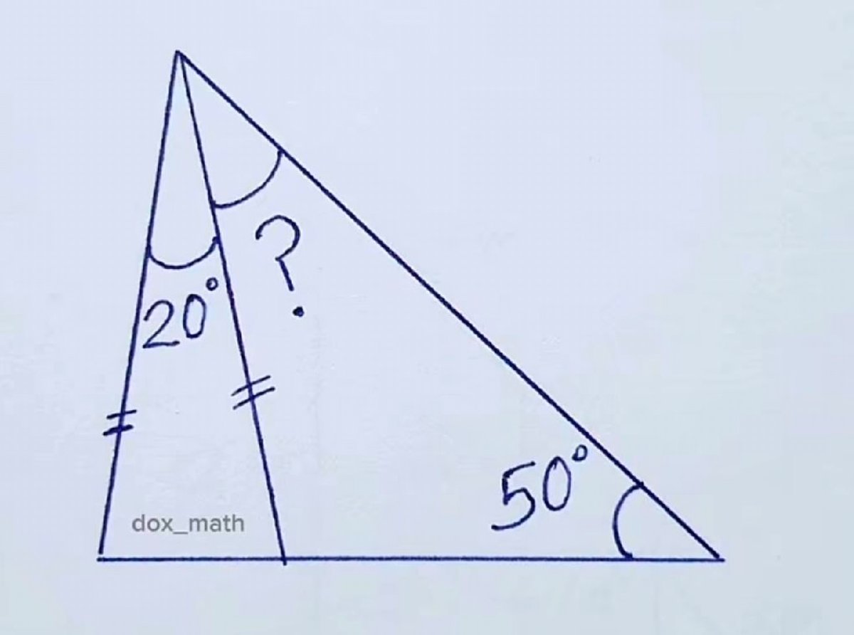 The image shows a triangle with some angles and side markings. Find the v..