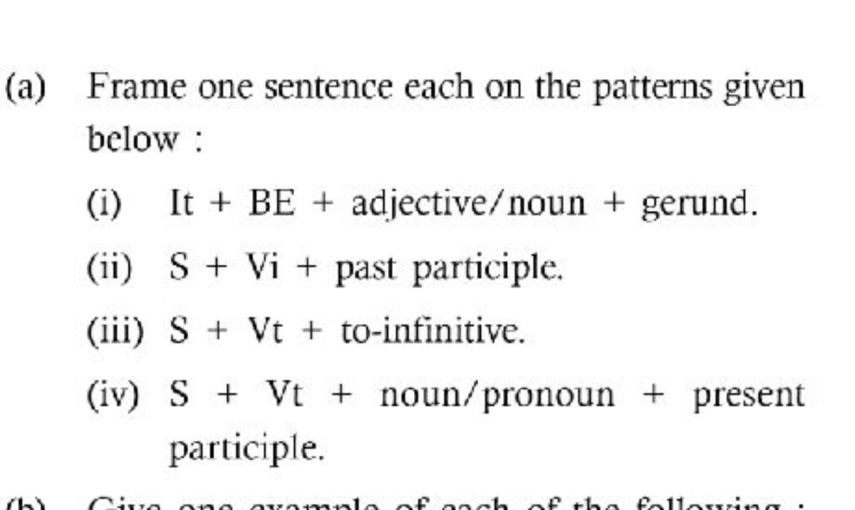 (a) Frame one sentence each on the patterns given below: (i) It + BE + a..