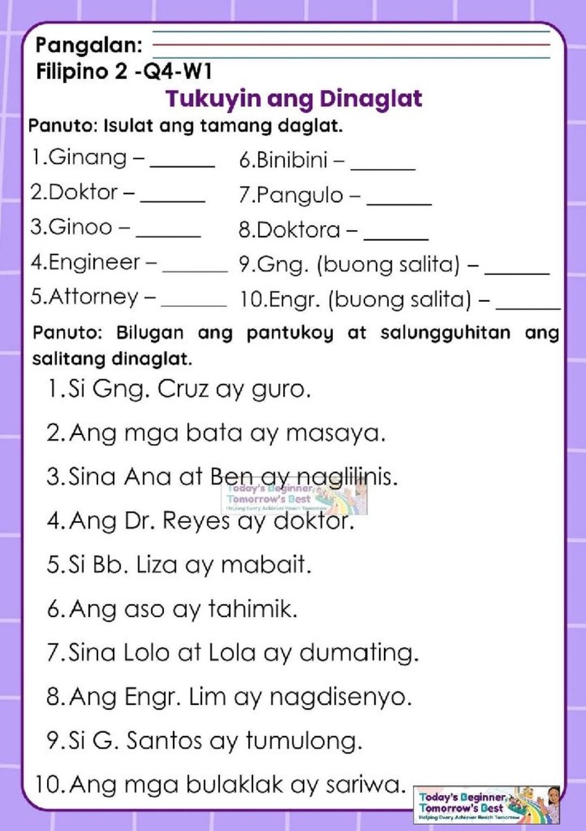 Pangalan: Filipino 2 - Q4-W1 Tukuyin ang Dinaglat Panuto: Isulat ang ta..
