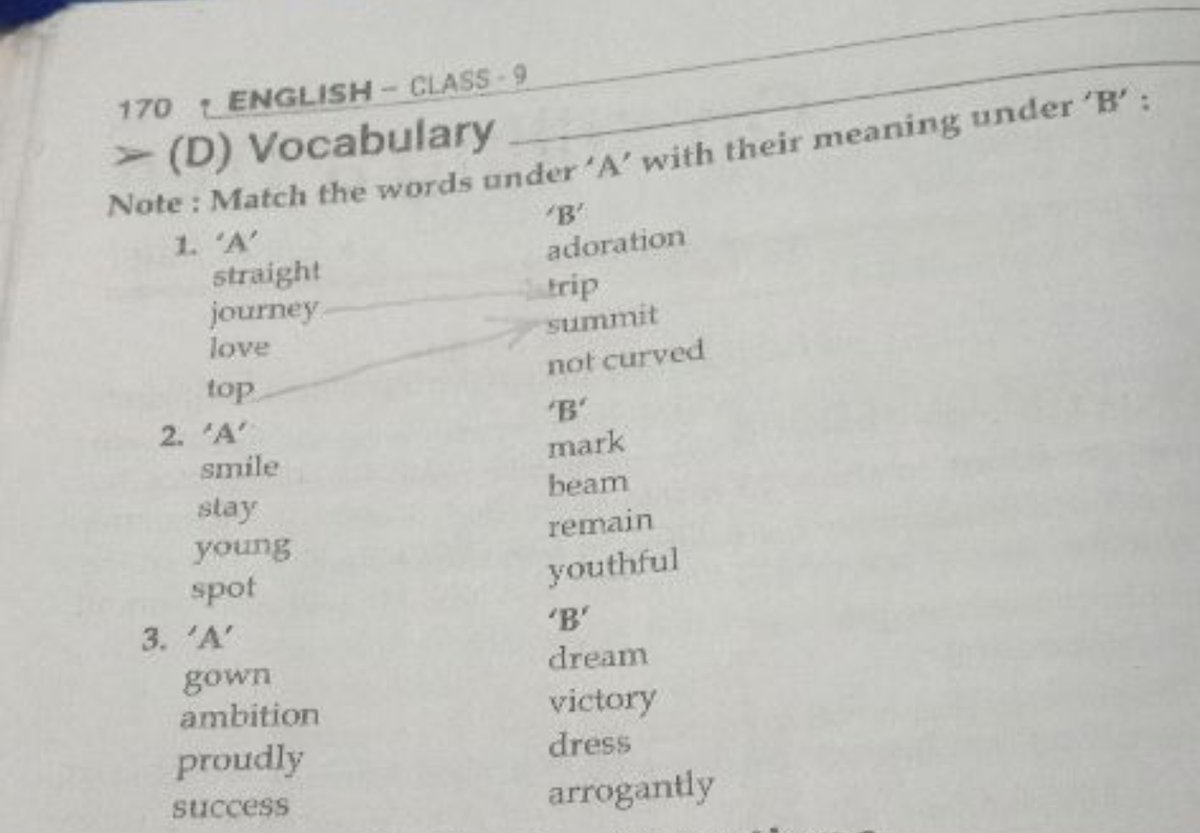 Match the words under 'A' with their meaning under 'B': 'A' straight