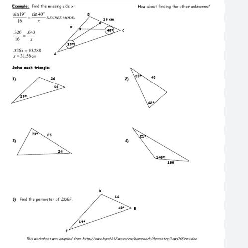 Solve each triangle: 1) (Diagram of a triangle with angles 29° and 19°,