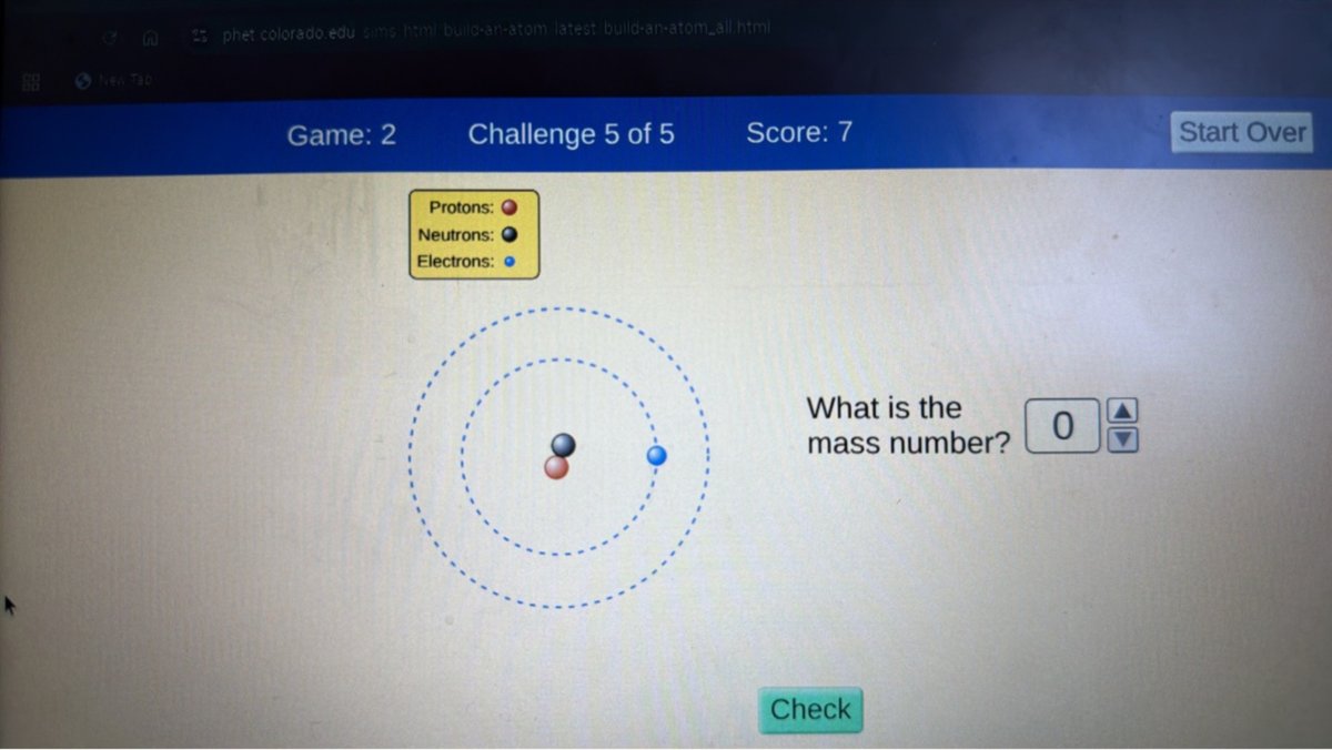 The image shows a simulation of an atom with the following particles: Pro..