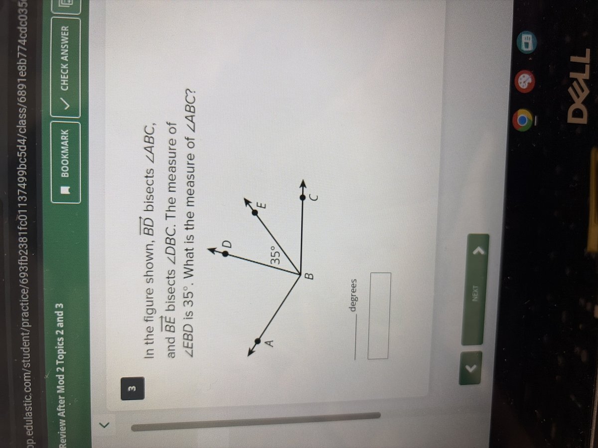 In the figure shown, \vec{BD} bisects \angle ABC, and \vec{BE} bisects \a..