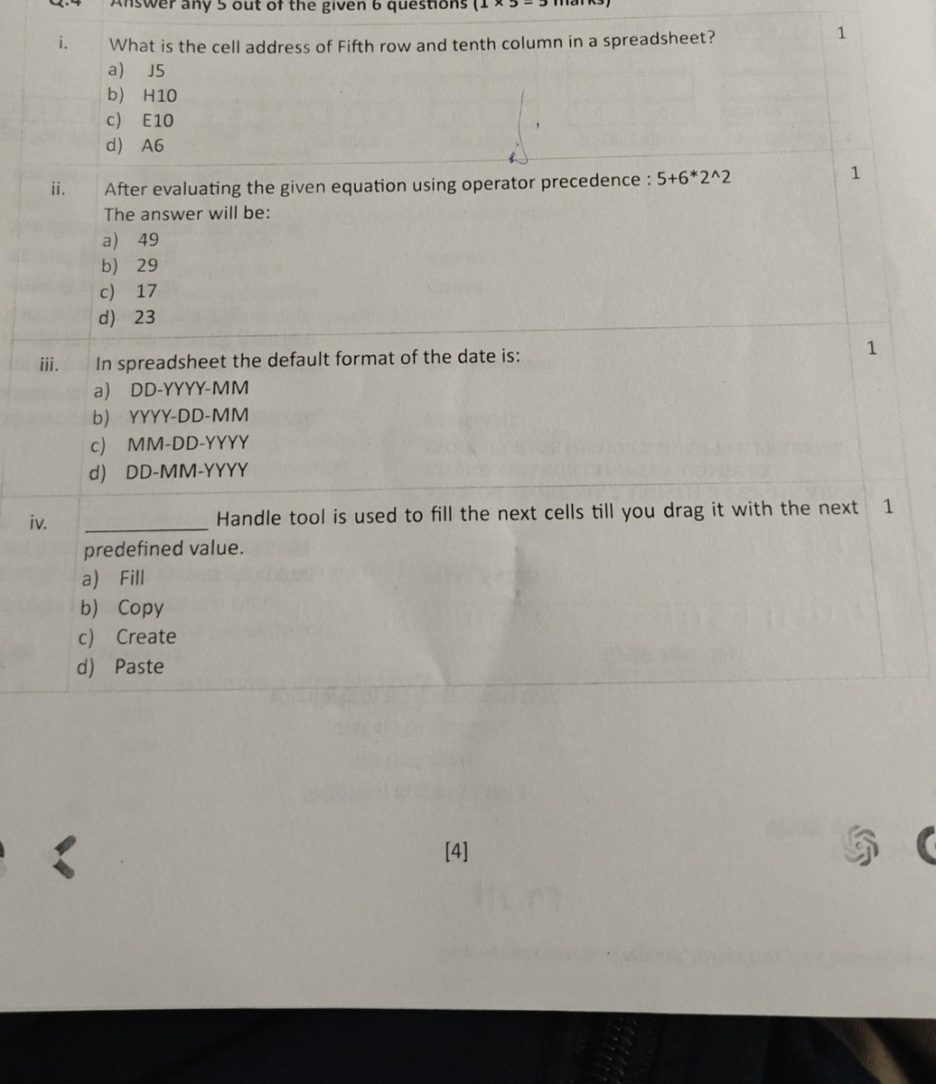i. What is the cell address of Fifth row and tenth column in a spreadshee..