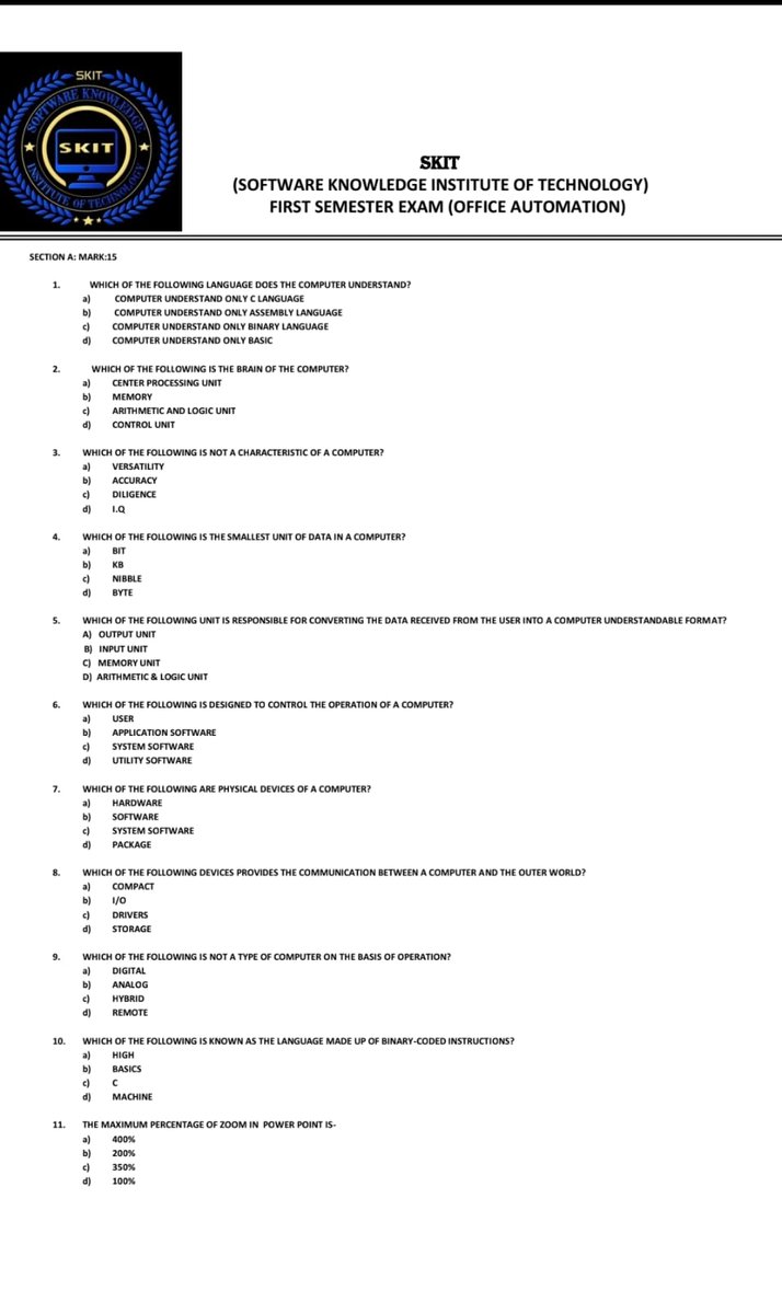 SECTION A: MARK:15 WHICH OF THE FOLLOWING LANGUAGE DOES THE COMPUTER UND..
