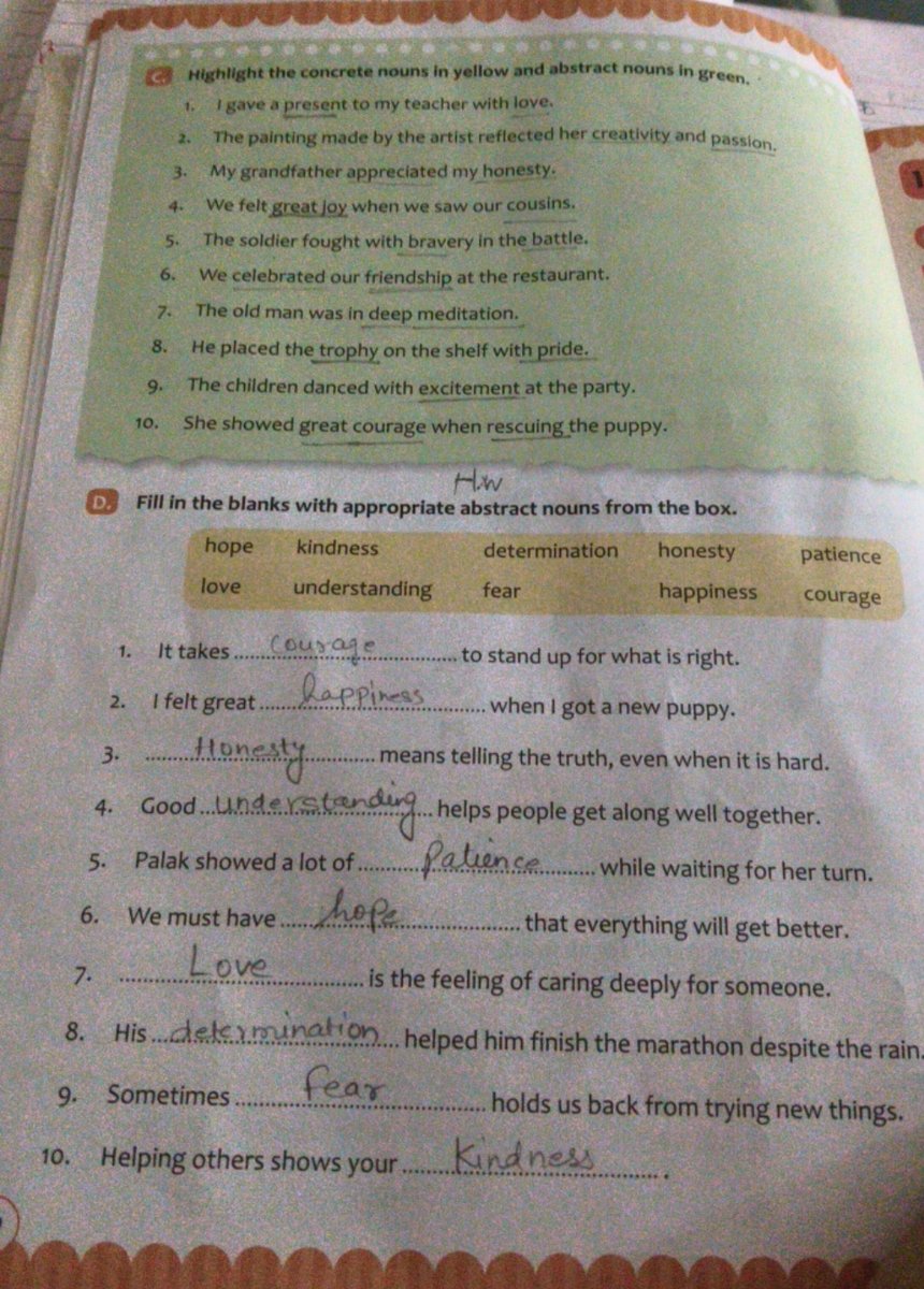Highlight the concrete nouns in yellow and abstract nouns in green. I ga..