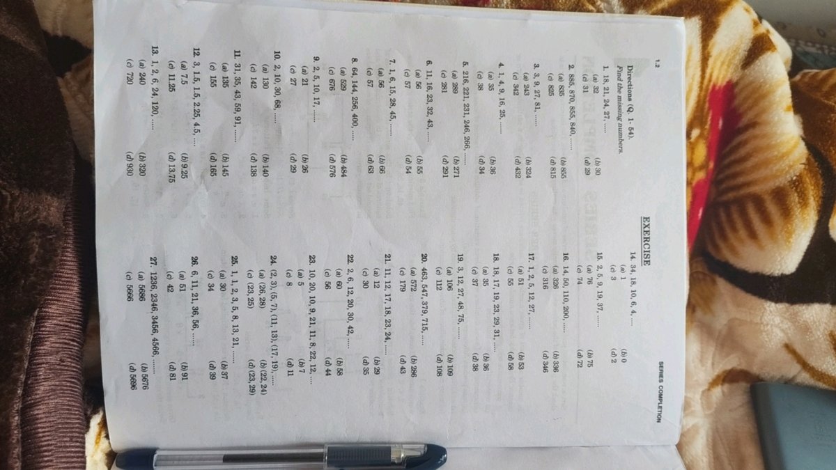 Directions (Q. 1-54). Find the missing numbers. 18, 21, 24, 27, ..... (a..