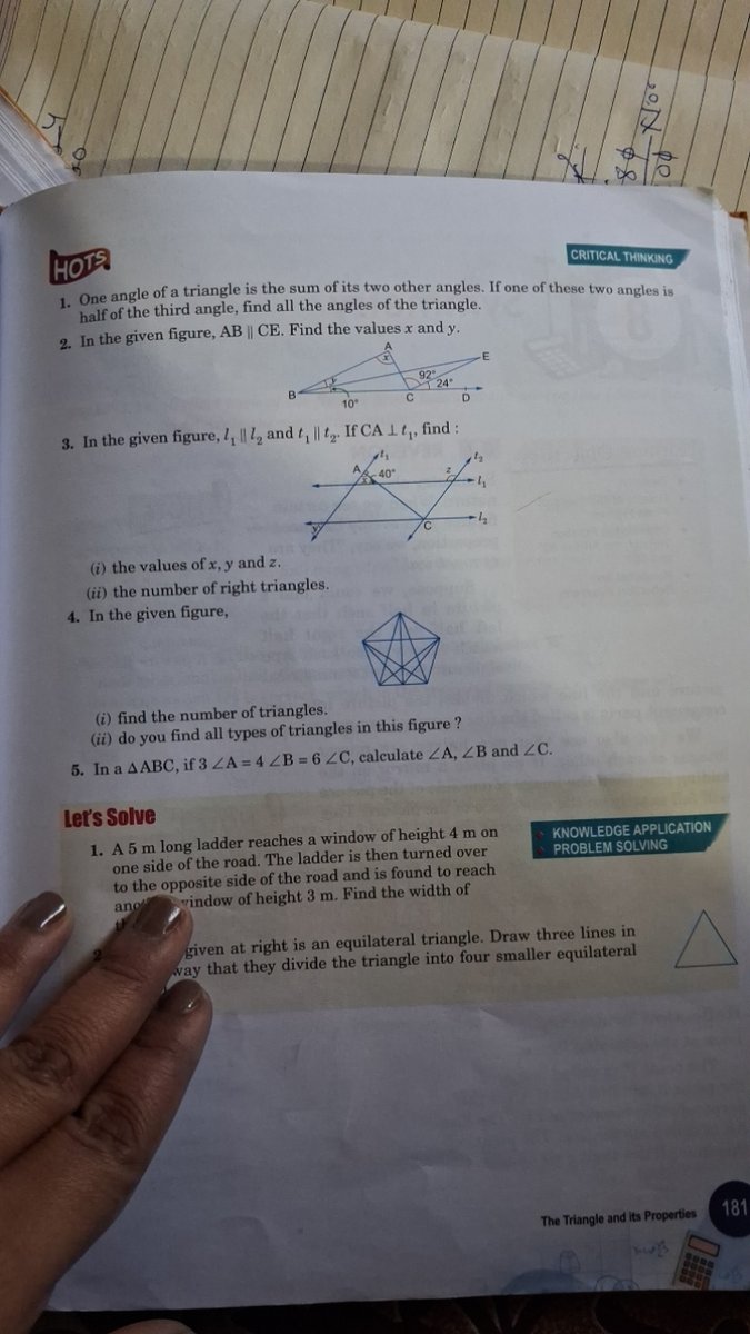 Here are multiple questions related to triangles and lines: HOTS One ang..