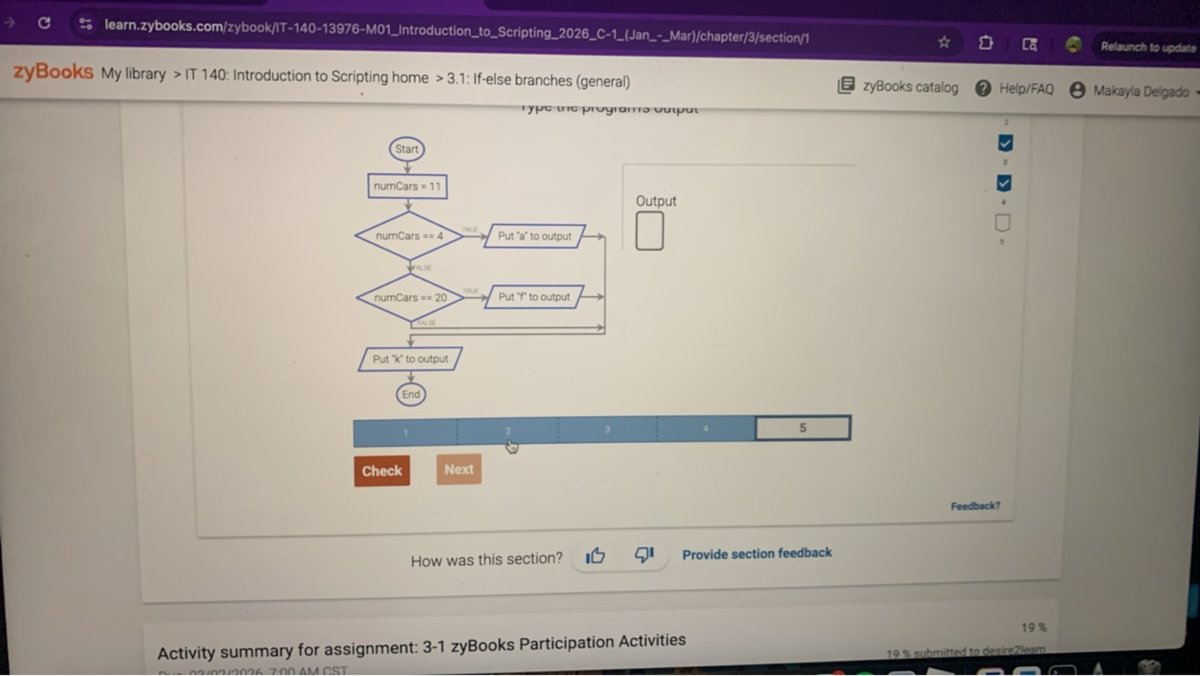 Given the flowchart: Start numCars = 11 If numCars == 4 (TRUE: Put "a"