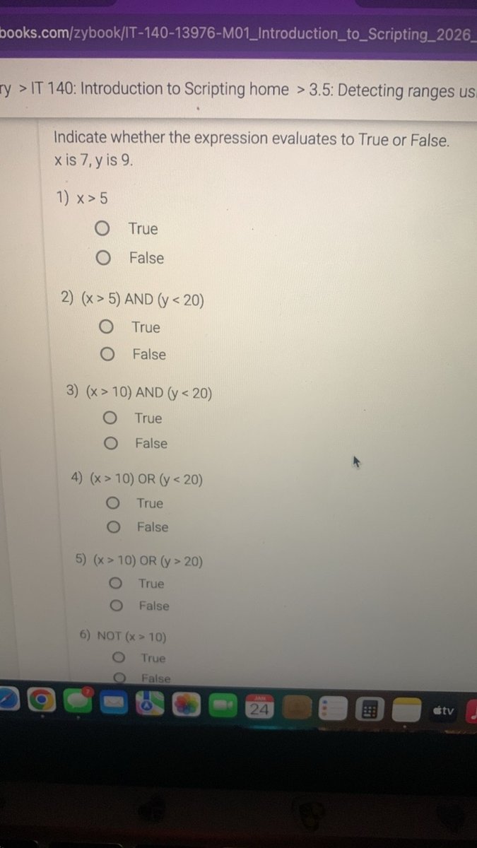 Indicate whether the expression evaluates to True or False. x is 7, y is