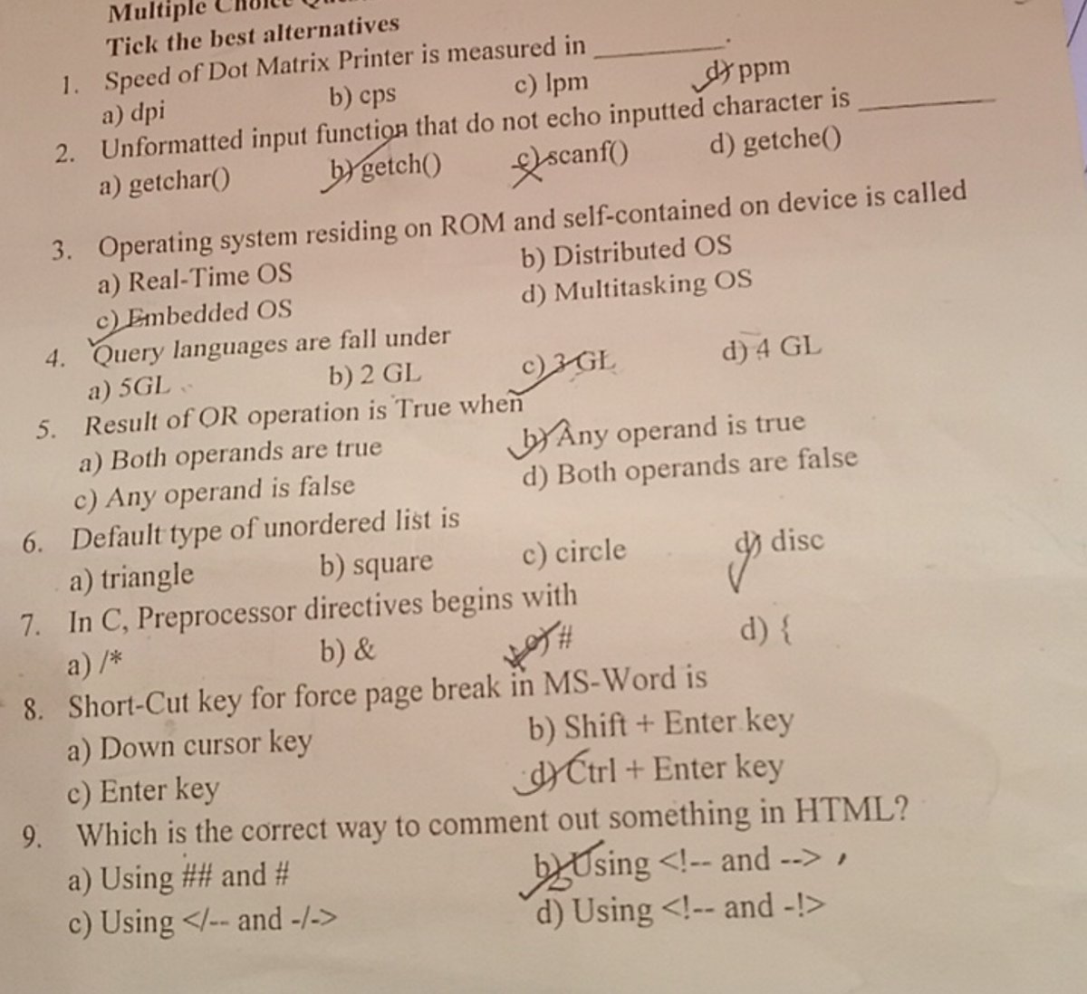 Tick the best alternatives Speed of Dot Matrix Printer is measured in