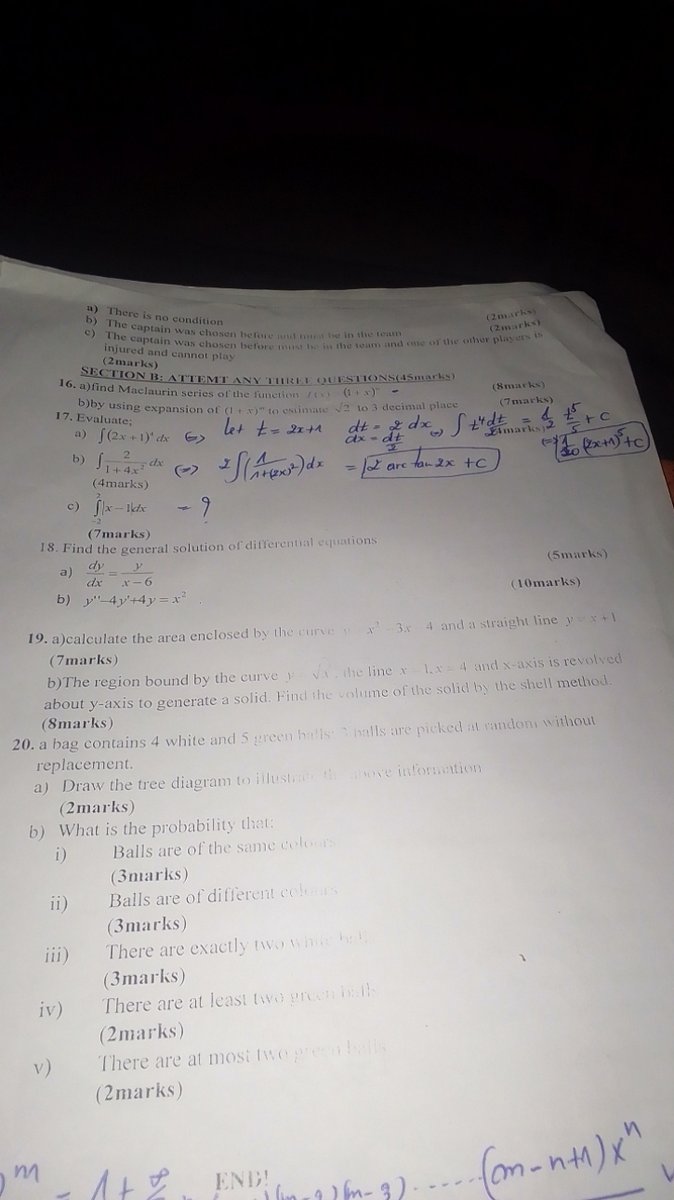 SECTION B: ATTEMPT ANY THREE QUESTIONS (45 marks) a) Find the Maclaurin