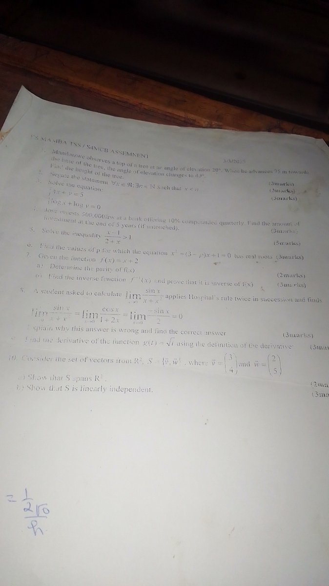 Here is a set of mathematics questions: ES MAMBA TSS/S4MCB ASSESSMENT M..
