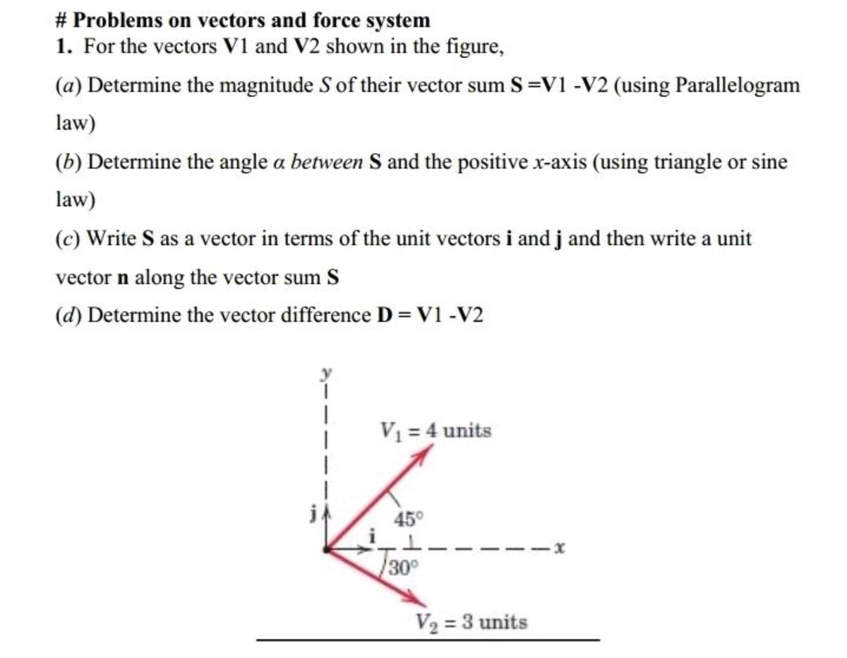 Problems on vectors and force system For the vectors V1 and V2 shown in t..